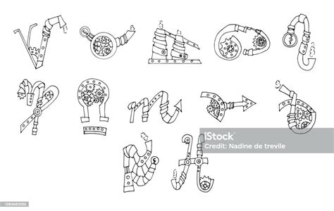 스팀펑크 별자리 스팀 펑크 의 스타일에 조디악 징후의 벡터 그림 기어와 견과류로 만든 손으로 그린 조디악 아이콘 세트 아이들을위한 환상적인 색칠 페이지 0명에 대한 스톡