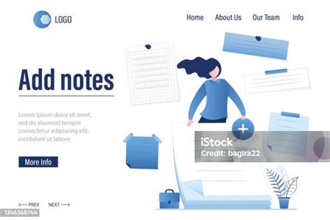 메모 추가 방문 페이지 템플릿 성공적인 직원은 종이 스티커 빈 메모를 보유하고 있습니다 다양한 메모리 노트 페이퍼와 여성 캐릭터 공란에 대한 스톡 벡터 아트 및 기타 이미지