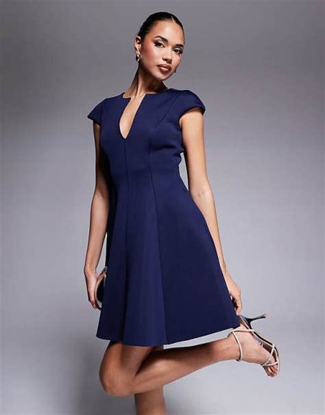 Goddiva Cap Sleeve Plunging V Neckline Skater Mini Dress In Navy Asos