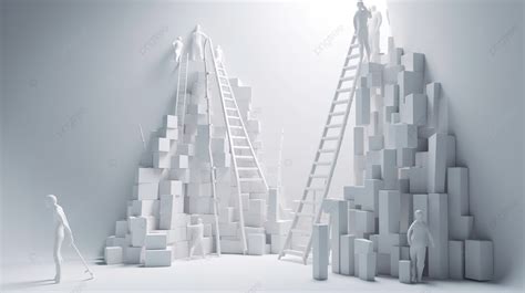 3d 그래픽 건설 노동자들로 가득한 하얀 계단 3d 렌더링 그림은 군중에서 눈에 띄고 다른 창의적인 아이디어 개념을 생각하고 가장 긴 흰색 사다리를 생각하고 복사 공간을