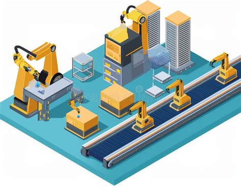 Vector Illustration Of Industrial Factory Processing Assembly Line