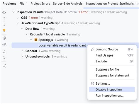 禁用和启用检查 WebStorm 文档