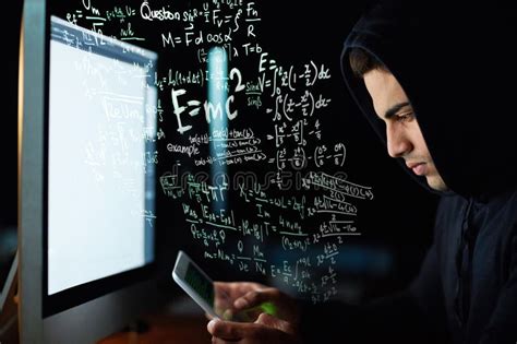 Phone Coding Computer And Hacker Man With Software Code Password Hacking And Math Or Digital
