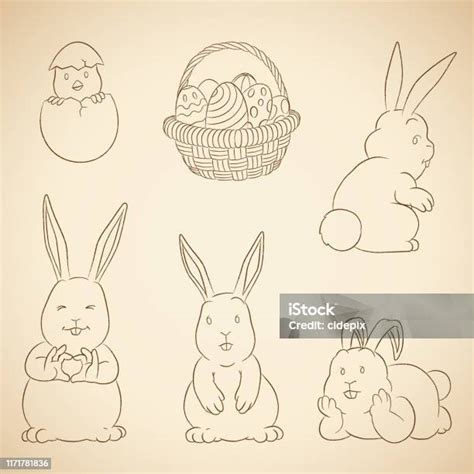 부활절 토끼 계란 바구니와 병아리의 숯 벡터 그림 베이지 색 배경 벡터 일러스트 0명에 대한 스톡 벡터 아트 및 기타 이미지 0명 계절 귀여운 Istock