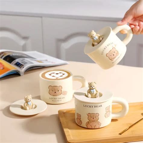 1pc 귀여운 곰 커피 머그잔 뚜껑 포함 338ml114oz 세라믹 커피 컵 귀여운 카와이 물컵 여름 겨 Temu