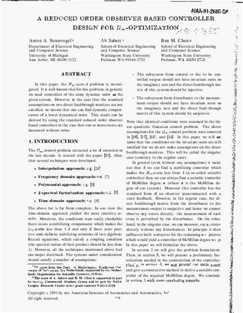 Pdf A Reduced Order Observer Based Controller Design For Hsub ∞