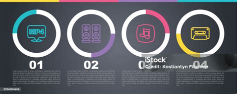 라인 Mp4 파일 문서 스테레오 스피커 음표 톤 및 레트로 오디오 카세트 테이프를 설정합니다 비즈니스 인포그래픽 템플릿입니다 벡터 노트에 대한 스톡 벡터 아트 및 기타
