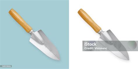 나무 손잡이가 있는 원예 금속 흙손 도구 장비 흰색과 하늘색 배경에 분리된 평면도 토양 심기 작업 또는 판매 채소밭 제품 배너 원예용품에 대한 스톡 사진 및 기타 이미지