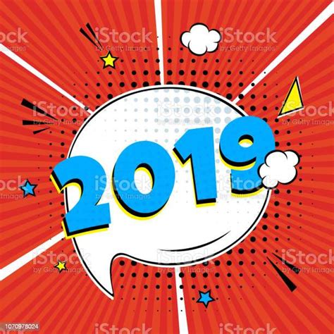 2019 새 해 크리스마스 만화 팝 아트 연설 거품 벡터 일러스트 레이 션 화려한 팝 아트 스타일 사운드 효과입니다 하프톤 광선 배경에 고립 된 빈티지 만화 음향 효과 1