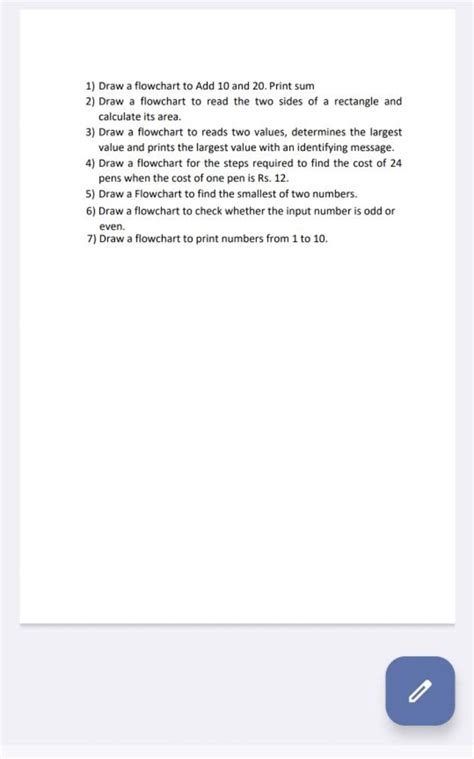 1 Draw A Flowchart To Add 10 And 20 Print Sum 2 Draw A Flowchart To Re