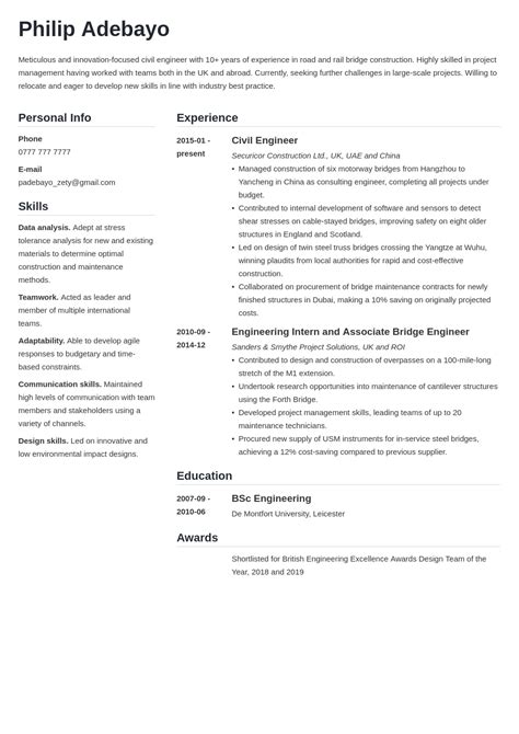 Engineering CV Examples Personal Statement