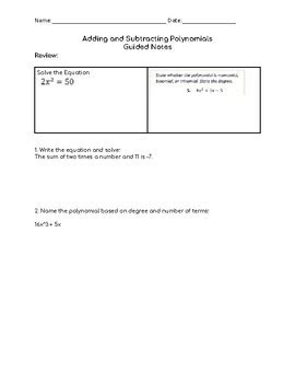 Adding And Subtracting Polynomials Guided Notes Scaffolded Notes