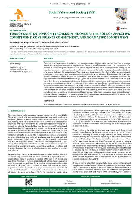 Pdf Turnover Intentions On Teachers In Indonesia The Role Of Affective Commitment
