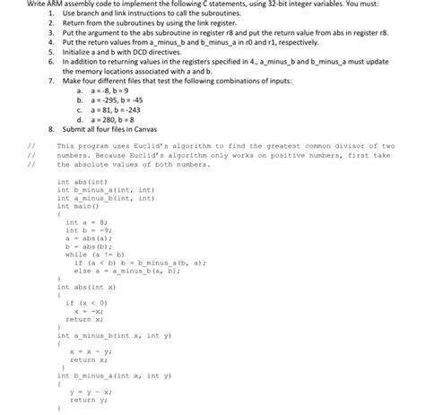 write arm assembly code to implement the following c