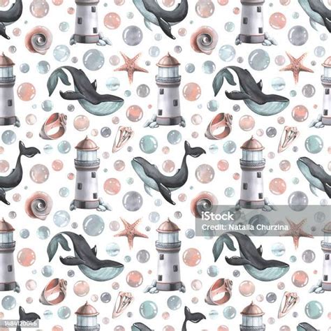 바다 등대 조개껍데기 불가사리가 있는 고래 흰색 바탕에 거품이 있습니다 수채화 그림 손으로 그린 직물 벽지 포장지를 위한