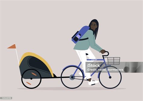 어린 트레일러와 함께 자전거를 타는 젊은 아프리카 부모 아이에 대한 스톡 벡터 아트 및 기타 이미지 아이 일러스트레이션 자전거 타기 Istock