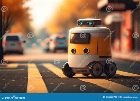 Robot On Pedestrian Crossing On Road In City Robotic Service Future Stock Illustration