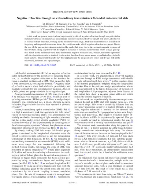 Pdf Negative Refraction Through An Extraordinary Transmission Left Handed Metamaterial Slab