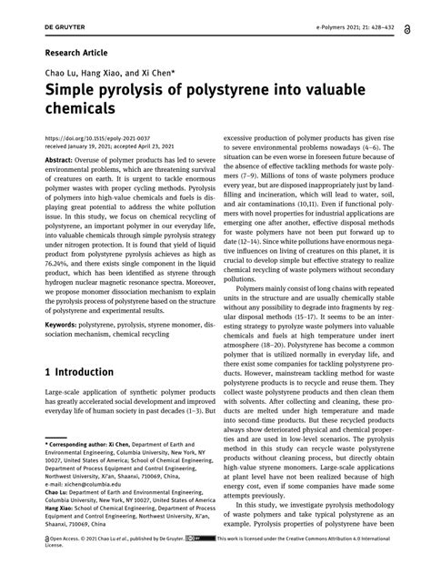 Pdf Simple Pyrolysis Of Polystyrene Into Valuable Chemicals