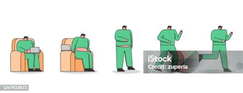 남자 체중 감량 단계 게으른 지방 사람 실행 하기 호리호리한 모양 Loosing 질량 개선에 대한 스톡 벡터 아트 및 기타 이미지 개선 건강관리와 의술 과체중