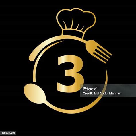 주방 간판 카페 아이콘 레스토랑 요리 비즈니스 벡터를위한 요리사 모자 숟가락 및 포크 기호와 편지 3에 레스토랑 로고 건강한 식생활에 대한 스톡 벡터 아트 및 기타 이미지