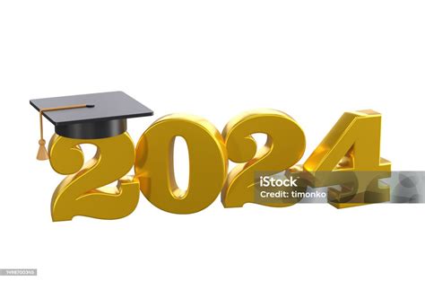 2024년 클래스 3d 아이콘입니다 축하 졸업생 디자인 템플릿과 모자와 숫자 금 졸업 타이포그래피 그림 파티 인사말 카드 클리핑 패스가 있는 초대장 1위에 대한 스톡 사진