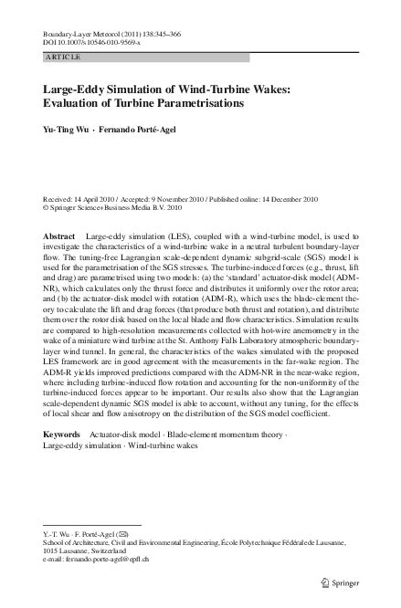 Pdf Large Eddy Simulation Of Wind Turbine Wakes Evaluation Of Turbine Parametrisations