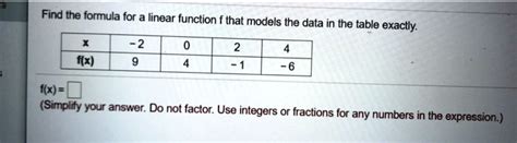 solved find the formula for a linear function that models the data in