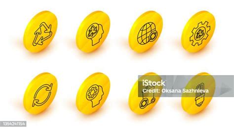 세트 라인 Led 전구 재활용 기호가있는 휴지통 내부의 인간 헤드 기어 새로 고침 및 행성 지구 재활용 및 아이콘을 설정합니다 벡터 3차원 형태에 대한 스톡 벡터 아트 및