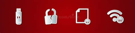 Set Usb Flash Drive With Lock Broken Or Cracked Document And And Wifi