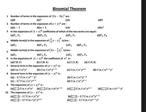 Binomial Theorem1 Number Of Terms In The Expansion Of 2x−3y 7 Are A