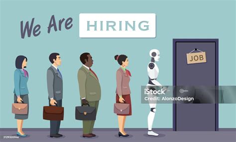 챗봇 로봇은 사람들의 구직자와 경쟁합니다 Ai 로봇과 인간 구직자 사람과 인공 지능 로봇이 일렬로 서서 일자리를 찾고 있습니다