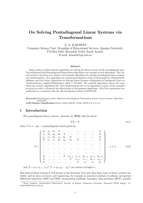 Pdf On Solving Pentadiagonal Linear Systems Via Transformations