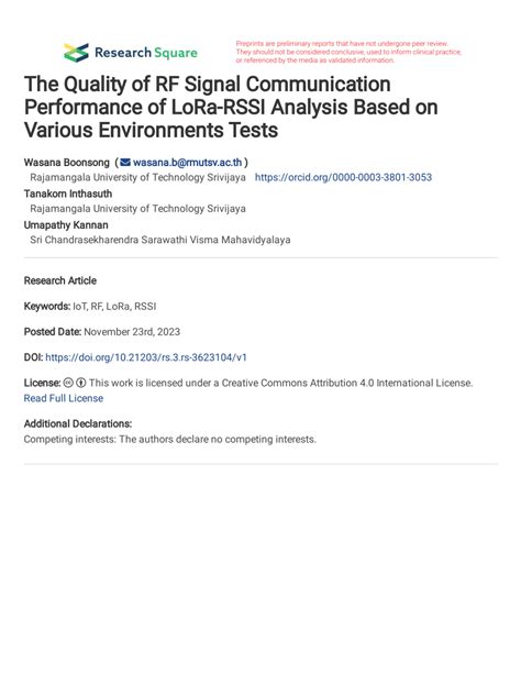 Pdf The Quality Of Rf Signal Communication Performance Of Lora Rssi Analysis Based On Various