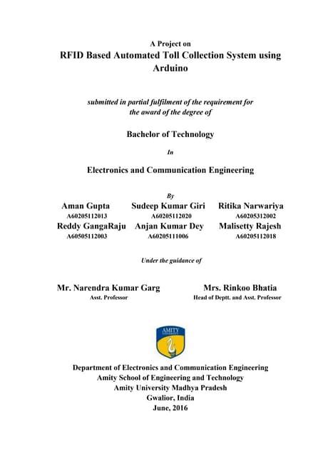 Project Report Rfid Based Automated Toll Collection System Using Arduino Amity University Pdf