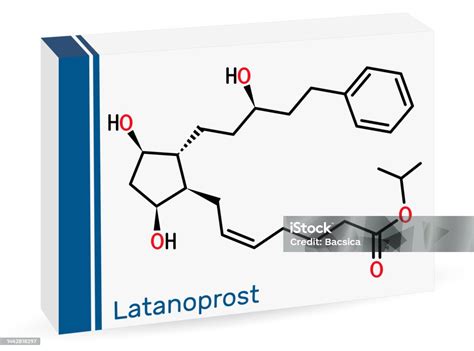 라타노프로스트 분자 증가된 안압을 치료하는 데 사용되는 이소프로필 에스테르 프로드러그입니다 골격 화학식 의약품용 종이 포장 건강관리와 의술에 대한 스톡 벡터 아트 및 기타