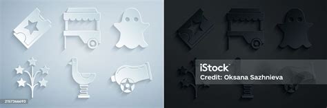 승마 아이 오리 유령 불꽃 놀이 대포 차양 및 티켓 아이콘이있는 패스트 스트리트 푸드 카트를 설정합니다 벡터 0명에 대한 스톡 벡터 아트 및 기타 이미지 Istock