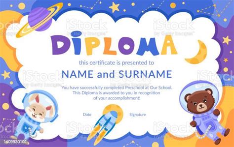 토끼를 가진 아이들을위한 귀여운 학교 또는 유치원 졸업장 증명서와 별 행성 및 로켓이있는 열린 공간에서 우주 비행사를 낳습니다 벡터 만화 일러스트 레이 션 0명에 대한 스톡