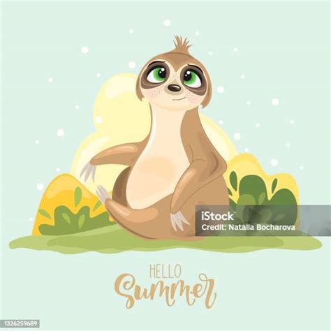 배경에 귀여운 나무늘보와 여름 엽서 필기 인사말 안녕하세요 여름 벡터 그림입니다 곰에 대한 스톡 벡터 아트 및 기타 이미지 곰 귀여운 낙서 드로잉 Istock