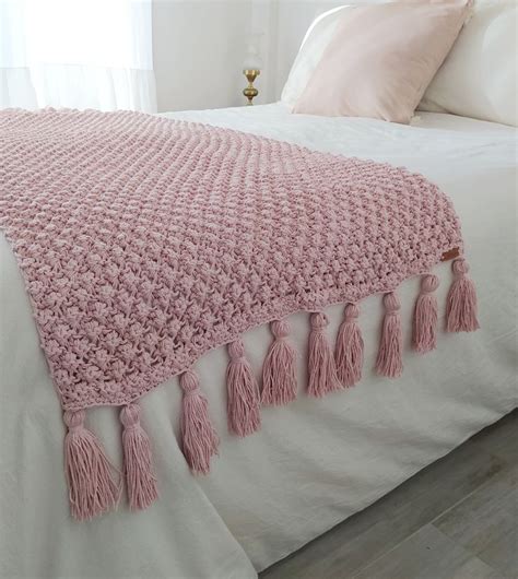 Pie De Cama Tejido A Mano Con Borlas Color Rosa Mantas Para Cama Pie
