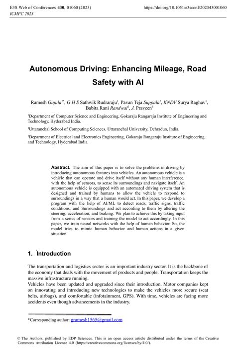 PDF Autonomous Driving Enhancing Mileage Road Safety With AI