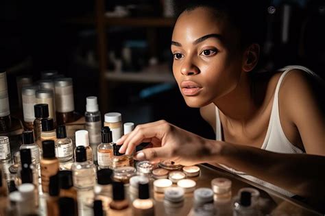 Premium Photo A Woman Sitting In Front Of A Bunch Of Cosmetics