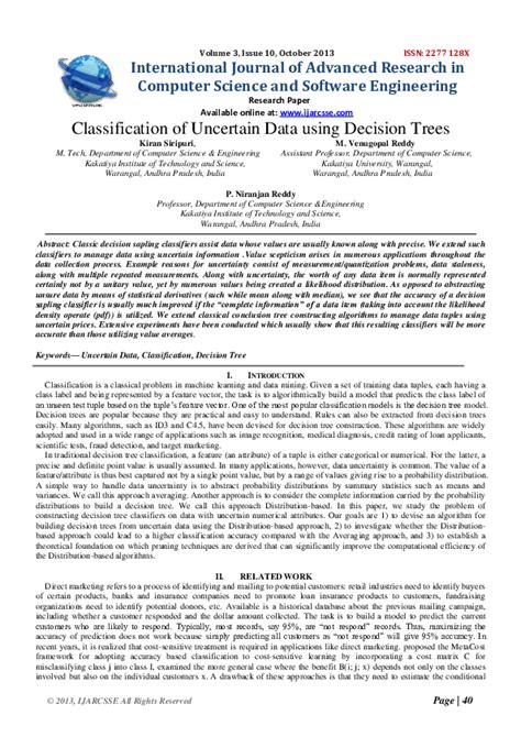 Pdf Classification Of Uncertain Data Using Decision Trees Siripuri