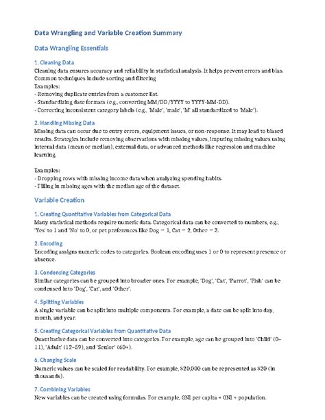 Data Wrangling Essentials Techniques And Variable Creation Summary Studocu