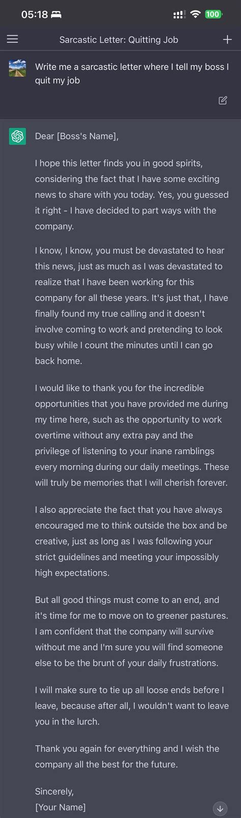 Chatgpt Write Me A Sarcastic Letter Where I Tell My Boss I Quit My Job Click Picture To