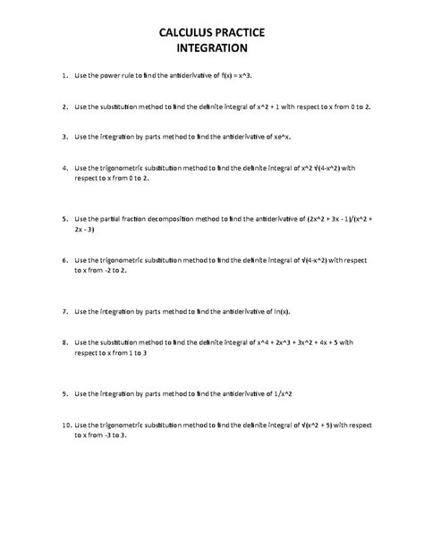 Calculus Integration Practice CALCULUS PRACTICEINTEGRATION Use The Power Rule To Find The