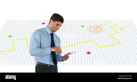 Caucasian Man Using A Digital Tablet Against Navigation Map Line Scheme On White Background
