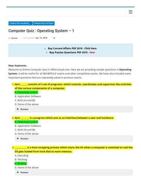Computer Quiz Operating System 1 Buy Current Affairs Pdf 2019