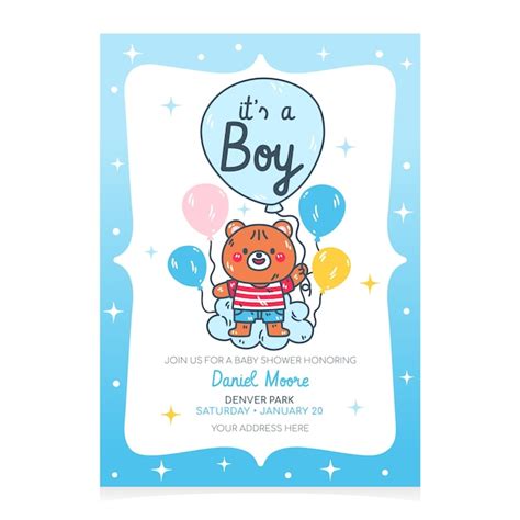 손으로 그린 테디 베어 베이비 샤워 초대장 무료 벡터