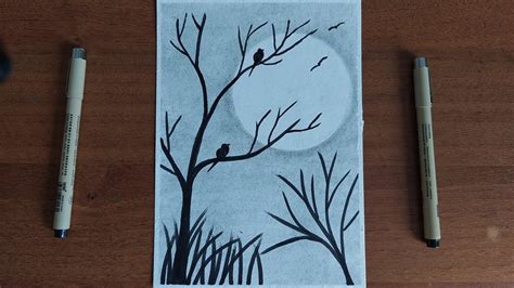 Рисование линером и простым карандашом Лёгкий пейзаж в лунном свете Уроки рисования карандашом